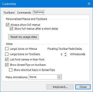 Setting toolbar or menu options