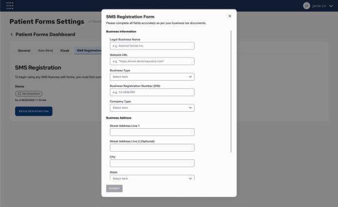 Registering practices to send text messages via SMS