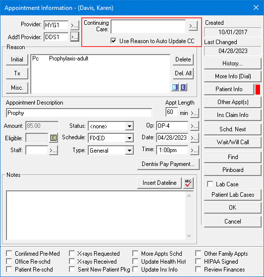 Creating continuing care appointments