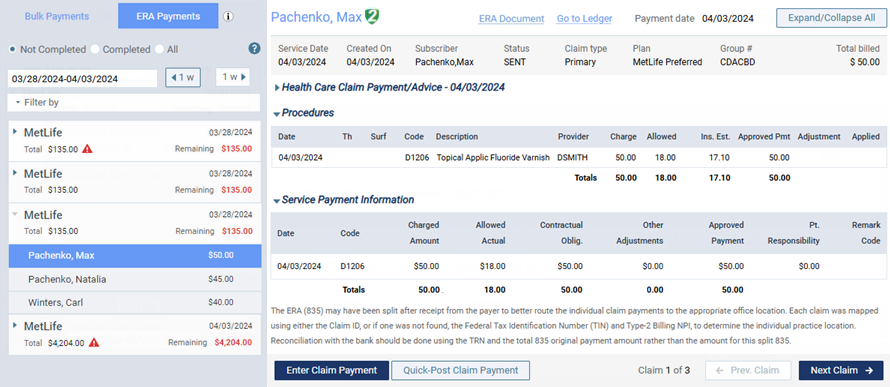 Quickly posting a payment for a claim on an ERA