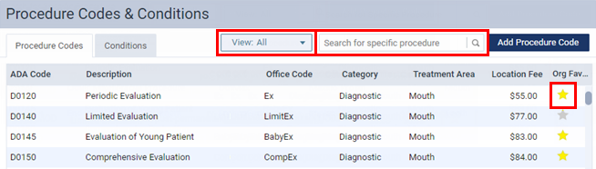 Removing procedure codes from the organization-wide favorites