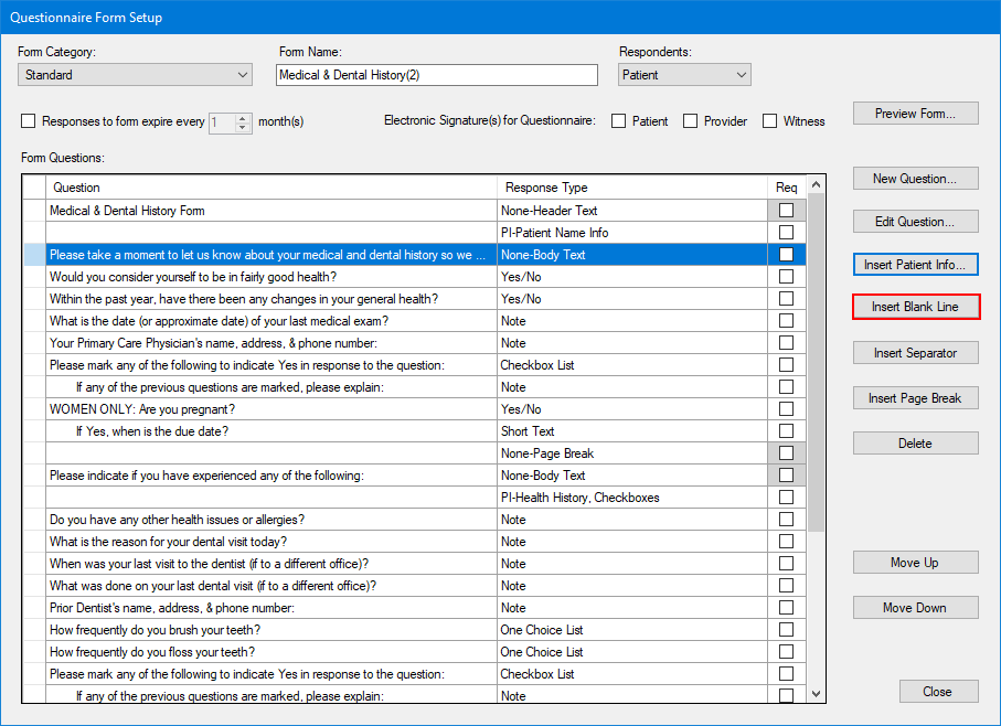 Inserting blank lines in questionnaire forms Inserting blank lines in questionnaire forms