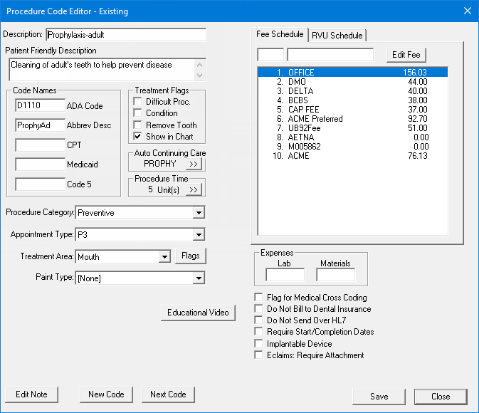 Showing procedure codes in Chart