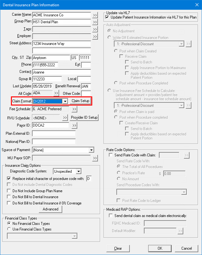 Setting up dental claim form options for dental insurance plans