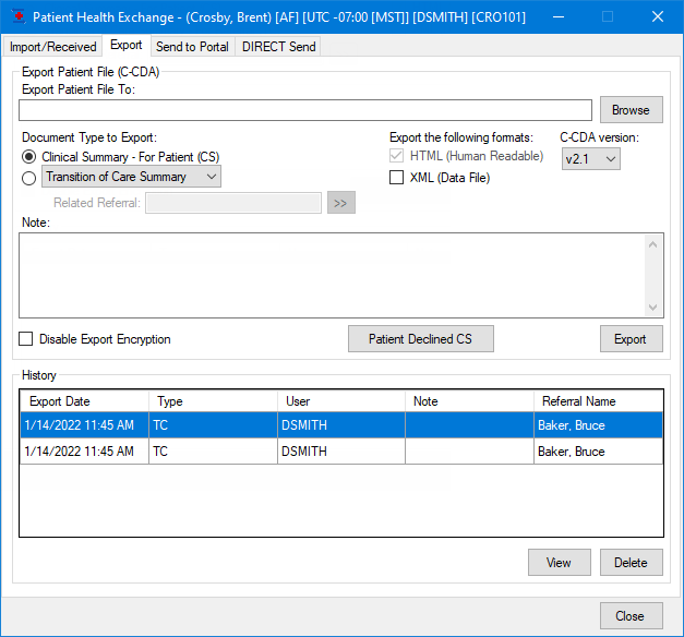 Exporting patient health information